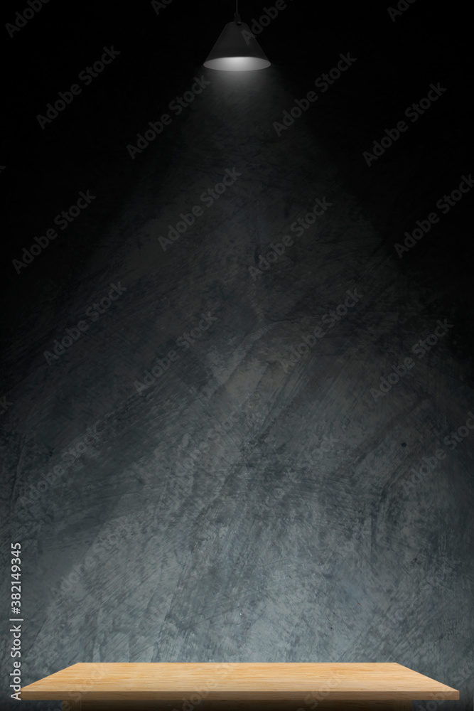 Wooden tabletop and dark plaster wall background for montage product ...