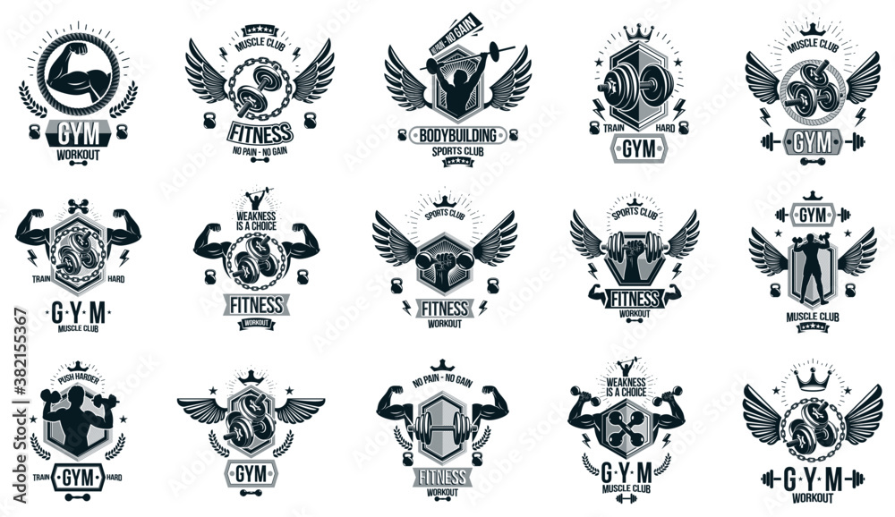 Fitness sport emblems logos or posters with barbells dumbbells ...