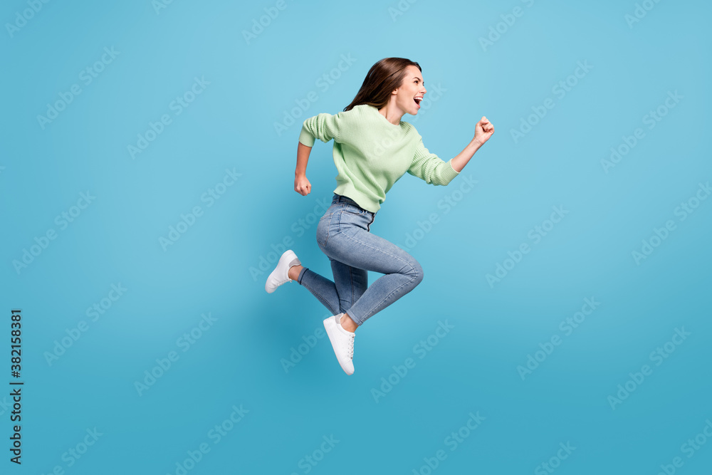 Full length body size side profile photo of active positive girl ...