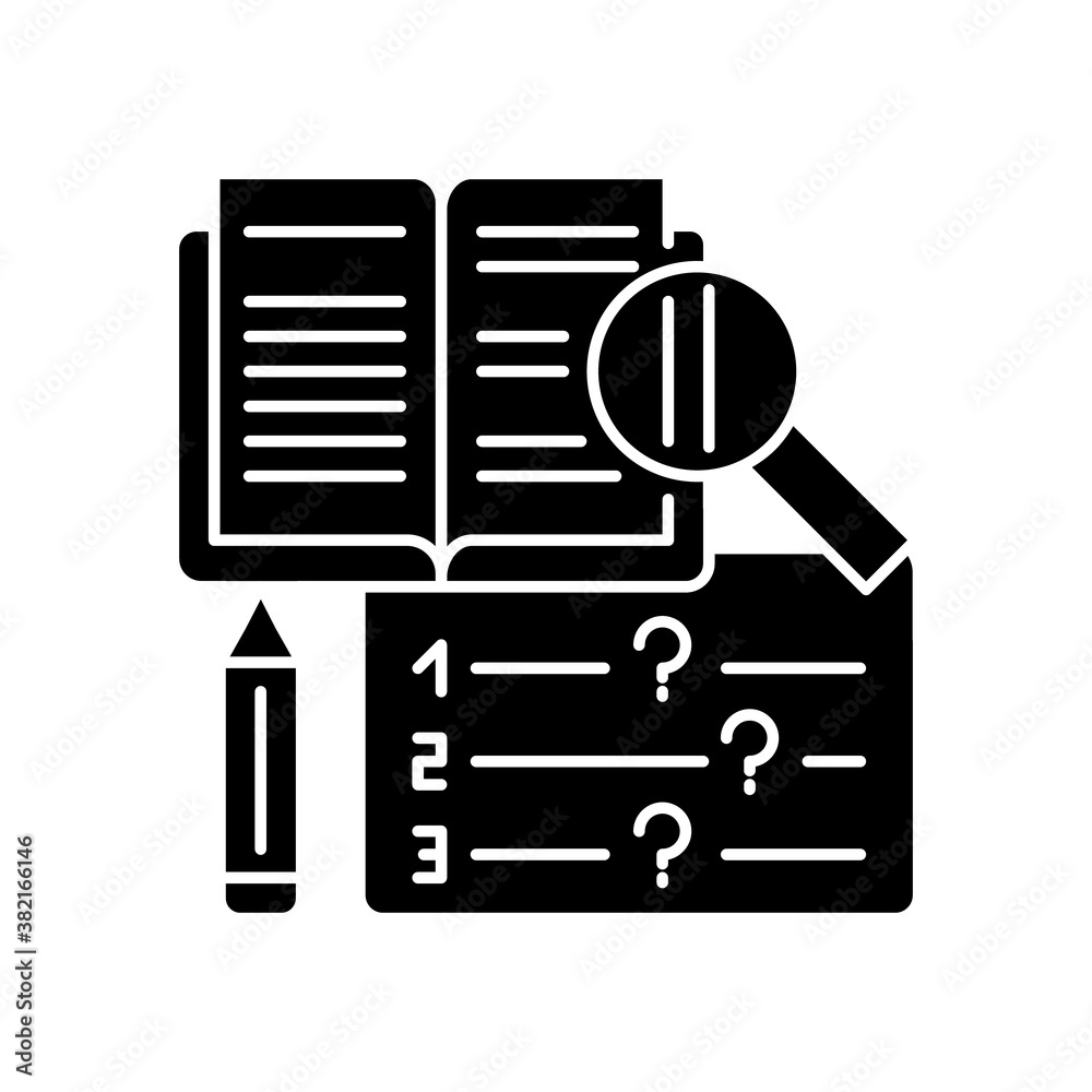 Reading examination black glyph icon. Comprehension practice tests ...