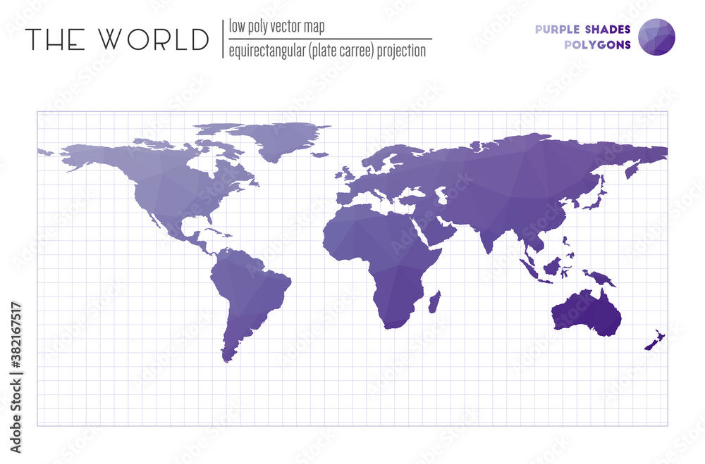 World map in polygonal style. Equirectangular (plate carree) projection ...
