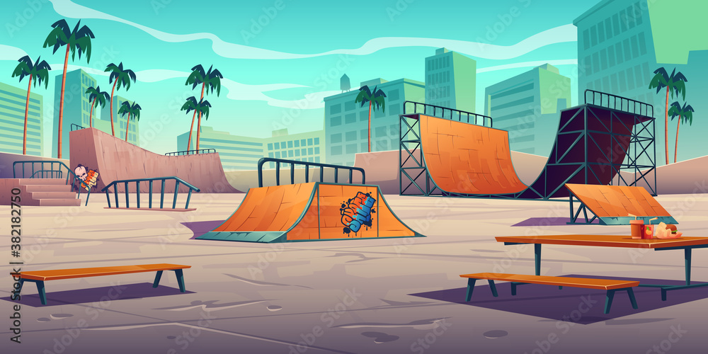 Skate park with ramps in tropical city. Vector cartoon cityscape with ...