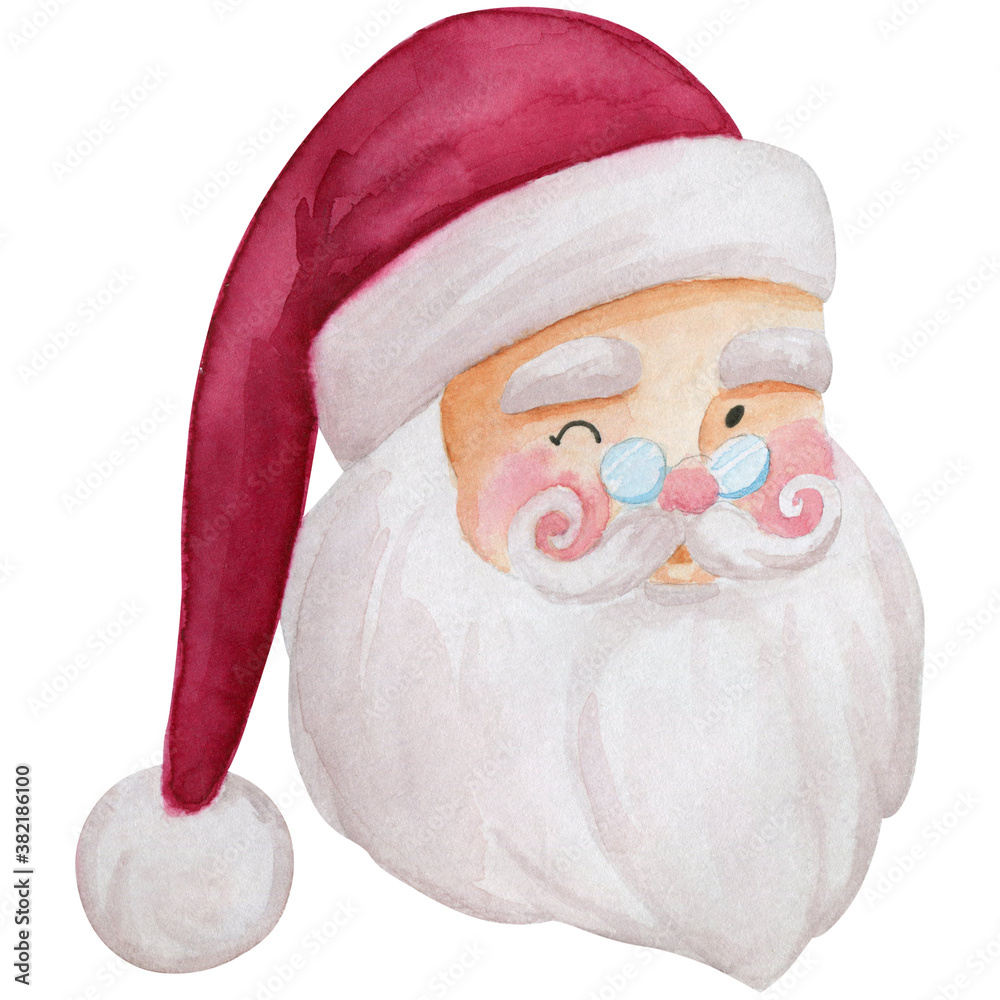 Santa Claus winking face watercolor illustration. Cartoon character ...