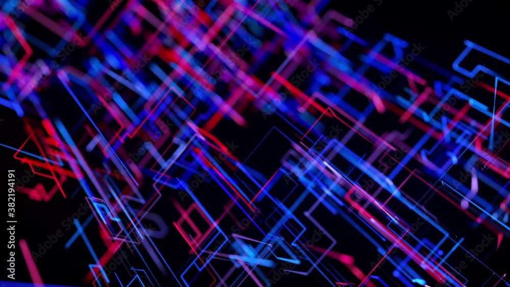 Motion graphics, sci-fi bg with flow of blue red neon glow lines form ...