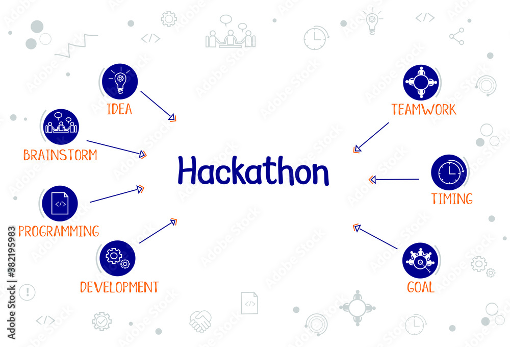 Hackathon concept vector with blue icons and keywords in white doodle ...
