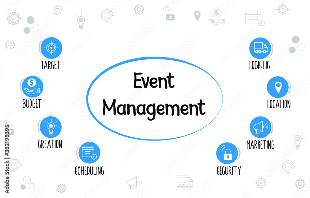 Event Management concept vector with blue icons and keywords for target ...