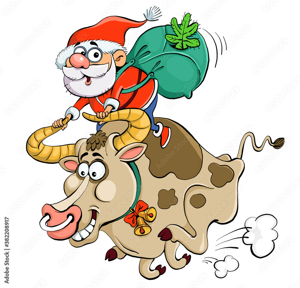 Vector illustration. Funny cartoon. Santa Claus is riding a bull ...