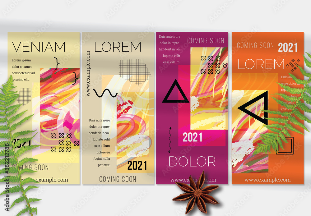 Flyer Layout with Geometric Shapes and Bright Artistic Brush Strokes ...