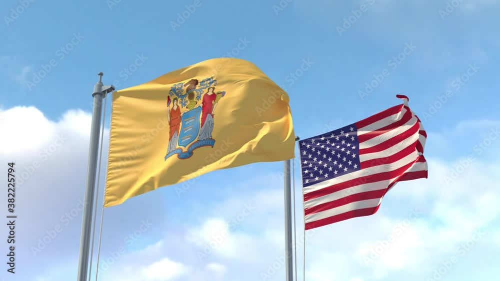New Jersey and USA Flags on a flagpole realistic wave on wind. The ...
