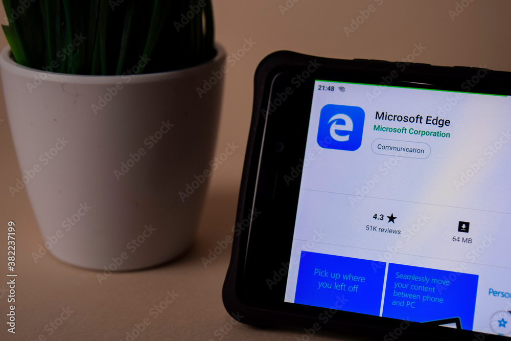Microsoft Edge dev application on Smartphone screen. Edge is a freeware ...