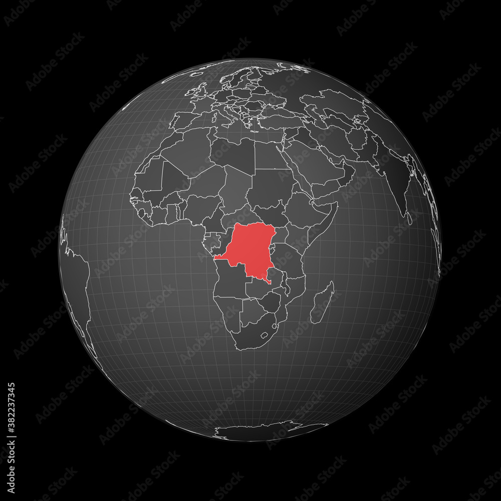 Dark globe centered to DR Congo. Country highlighted with red color on ...