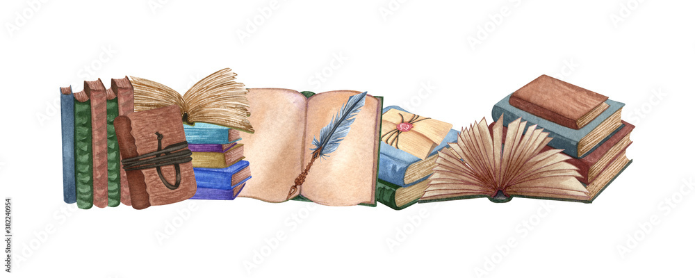 Watercolor book frame, education art library, bookshelves hand drawn ...