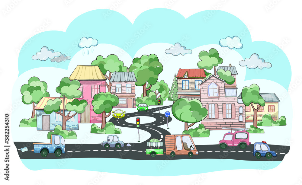 Flat vector nursery cartoon illustration of urban summer landscape ...
