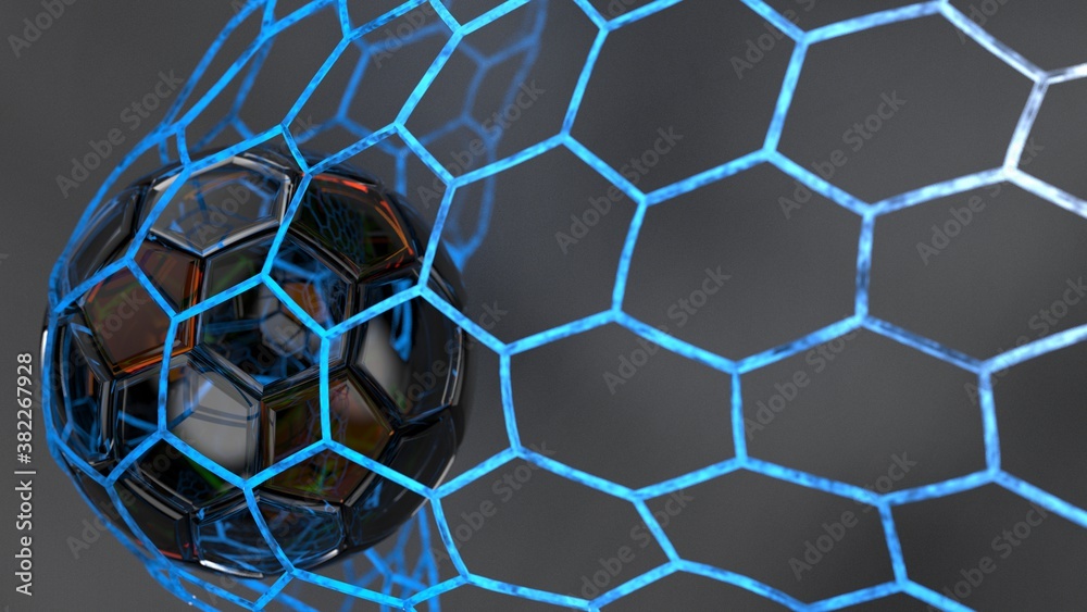 Clear Glass Soccer Ball in the Goal Net under black-white lighting with ...
