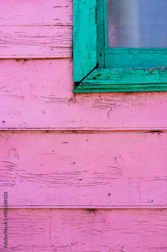 Pink and green window of a facade in Caminito street in Buenos Aires ...