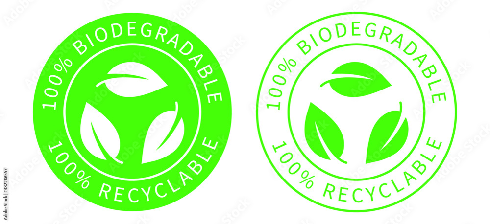 Biodegradable recyclable vector icon, 100% persent biodegradable ...