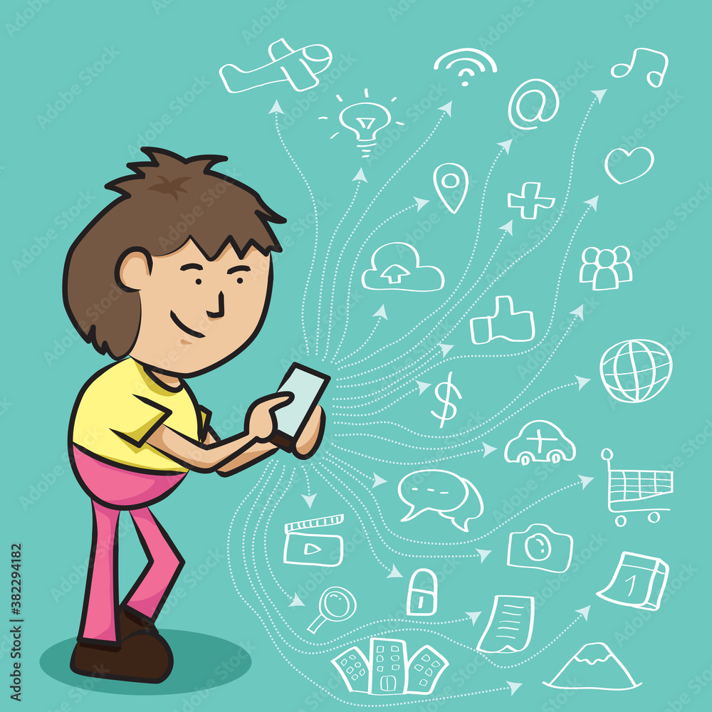 Vector cartoon man concept is social media. Illustration Cartoon man ...