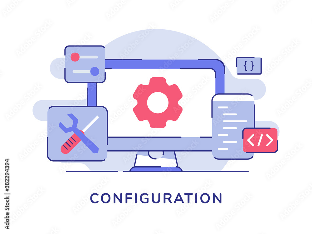 Configuration gear on display computer screen setting screwdriver wrench coding code white ...