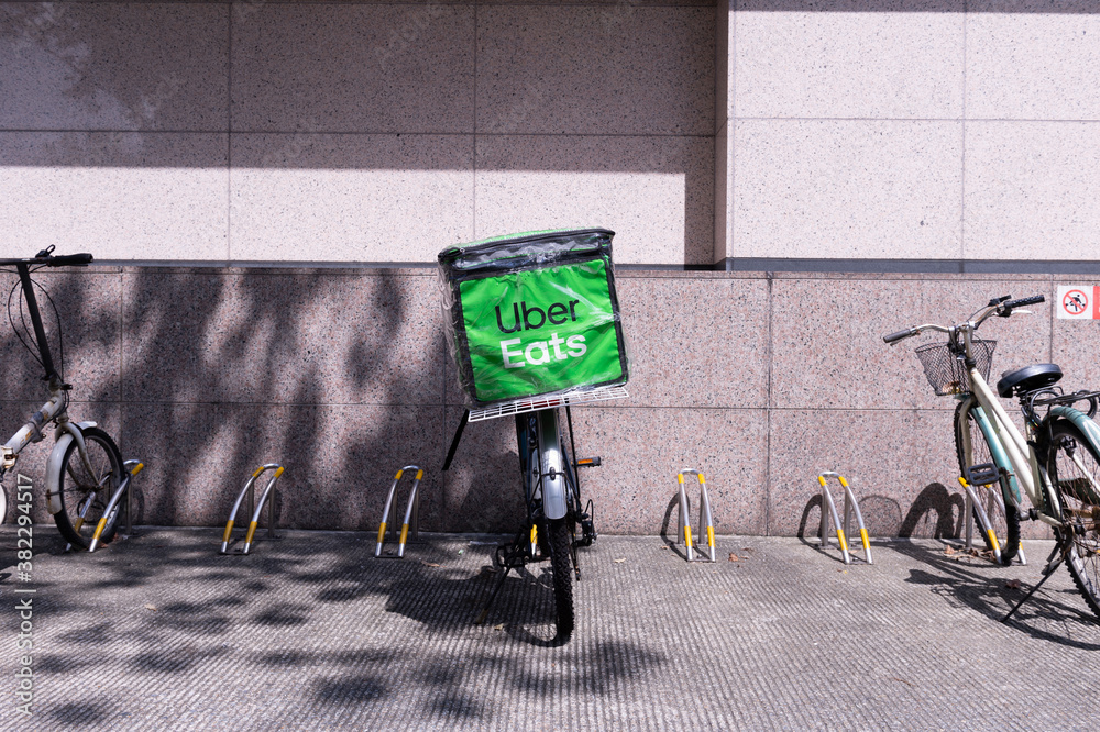 Taipei, Taiwan - October , 2020 : Uber Eats box on a motocycle ...