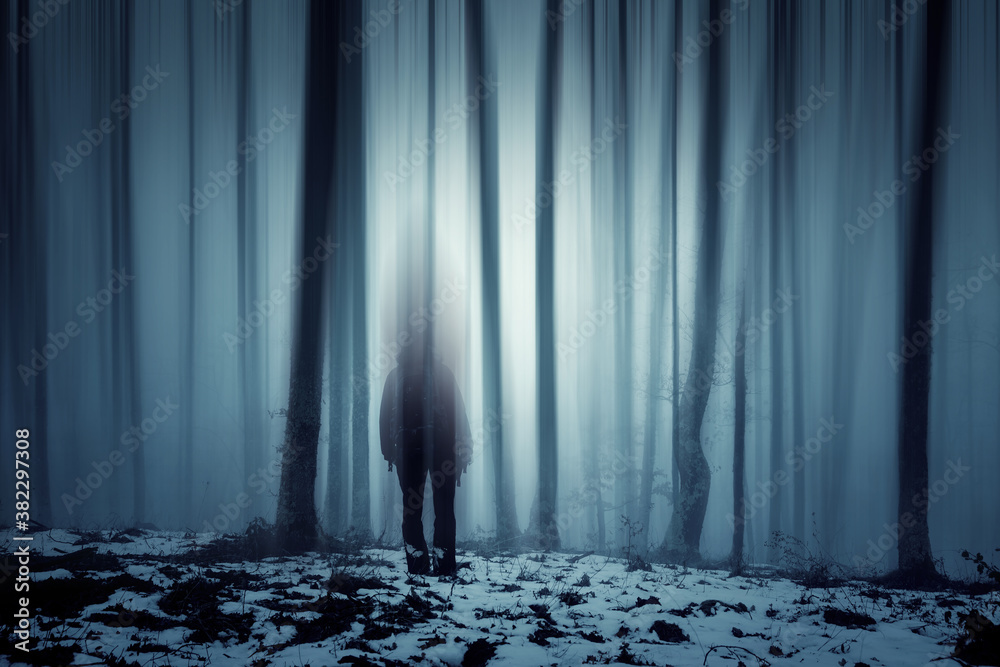 Man walking alone in magical dark, foggy forest. Stock Photo | Adobe Stock