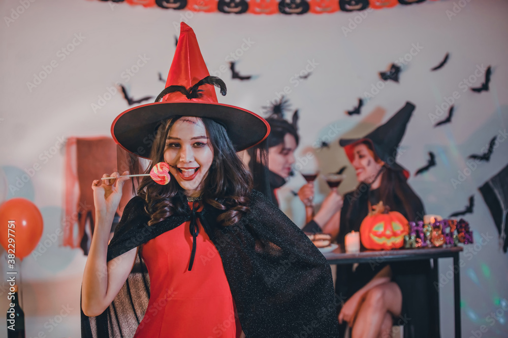 Halloween party concept - happy people with halloween costume of ...