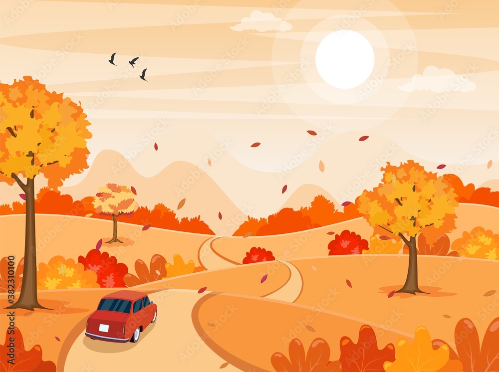 autumn fall cartoon Landscape with a car on the road background. trees ...