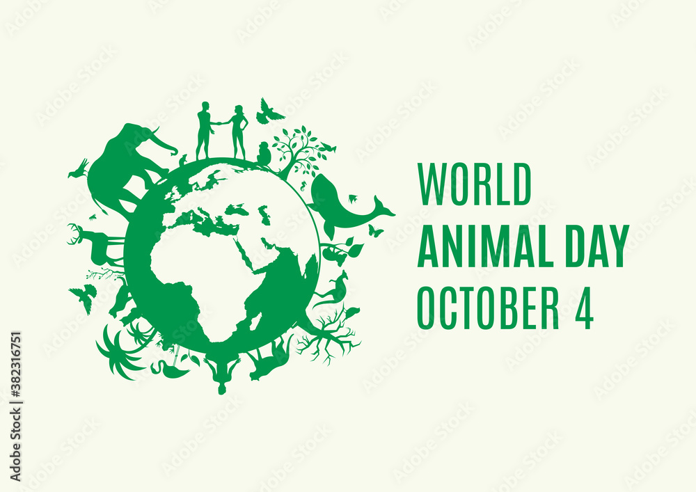 World Animal Day Poster with green Planet Earth with animals and plants ...