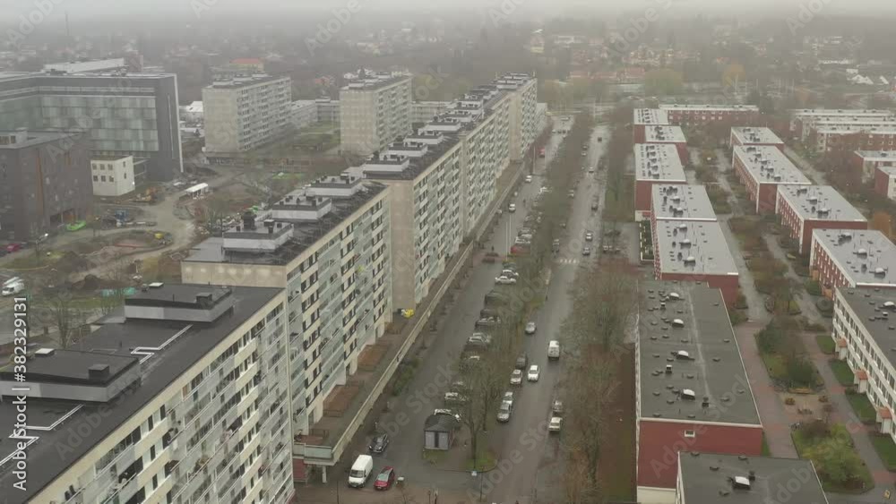 Malmvagen ghetto concrete high rise buildings. rotating drone shot on ...