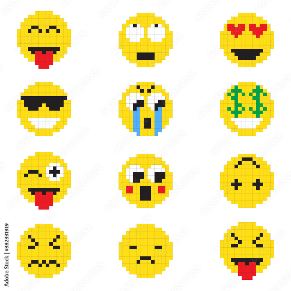 Pixel emoticon with various emotions vector image. Pixel Emoji Set ...