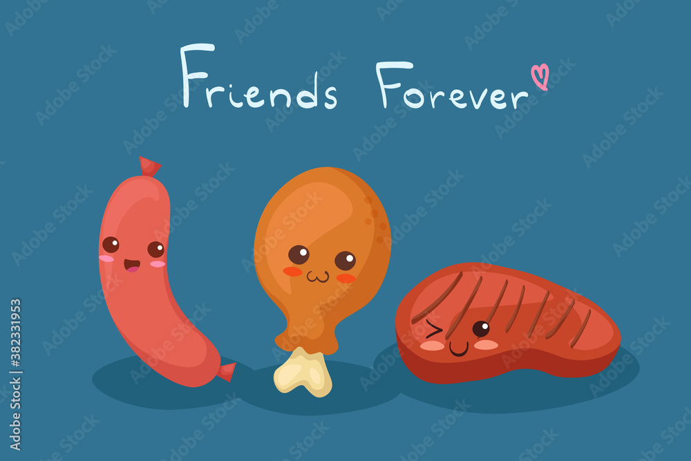Kawaii funny Sausage, Grilled Meat Steak & Chicken Leg vector ...