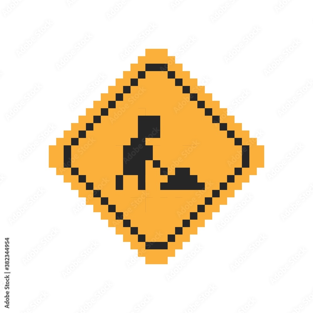 Pixel art 8-bit under construction sign with man digging ground orange ...