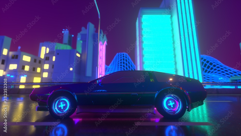 80s retro background 3d illustration. Futuristic car drive through neon ...