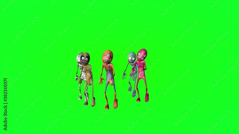 Vidéo Stock Cave with multi-colored cartoon zombies a green background ...