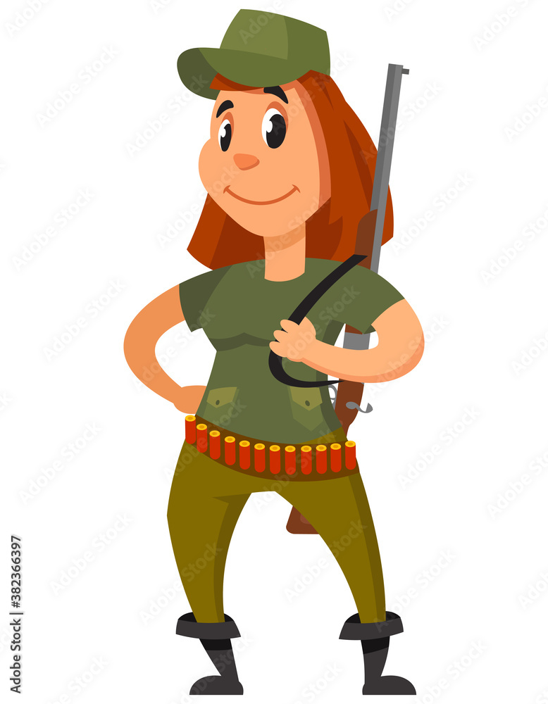 Hunter holding rifle on her shoulder. Female character in cartoon style ...