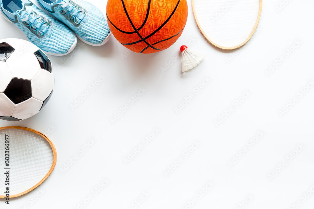 Frame of sport balls - football, basketball, badminton on white ...