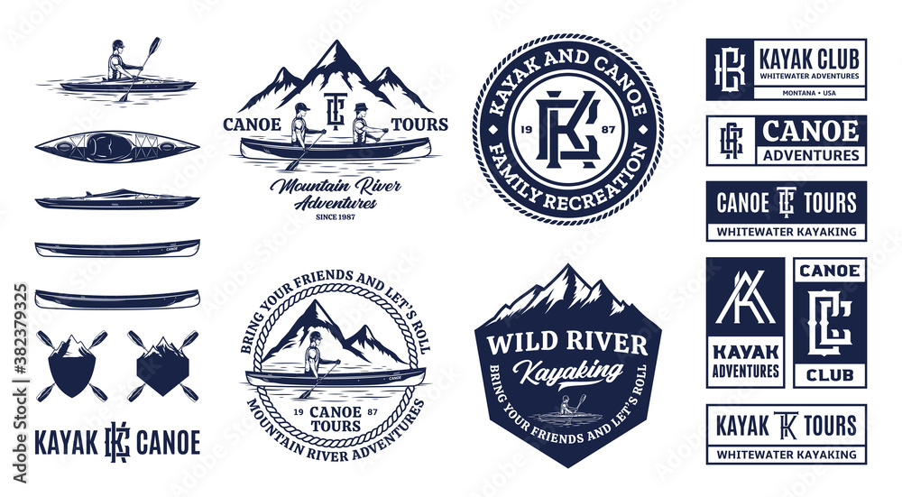 Vector canoeing and kayaking logo, badges and design elements. Water ...