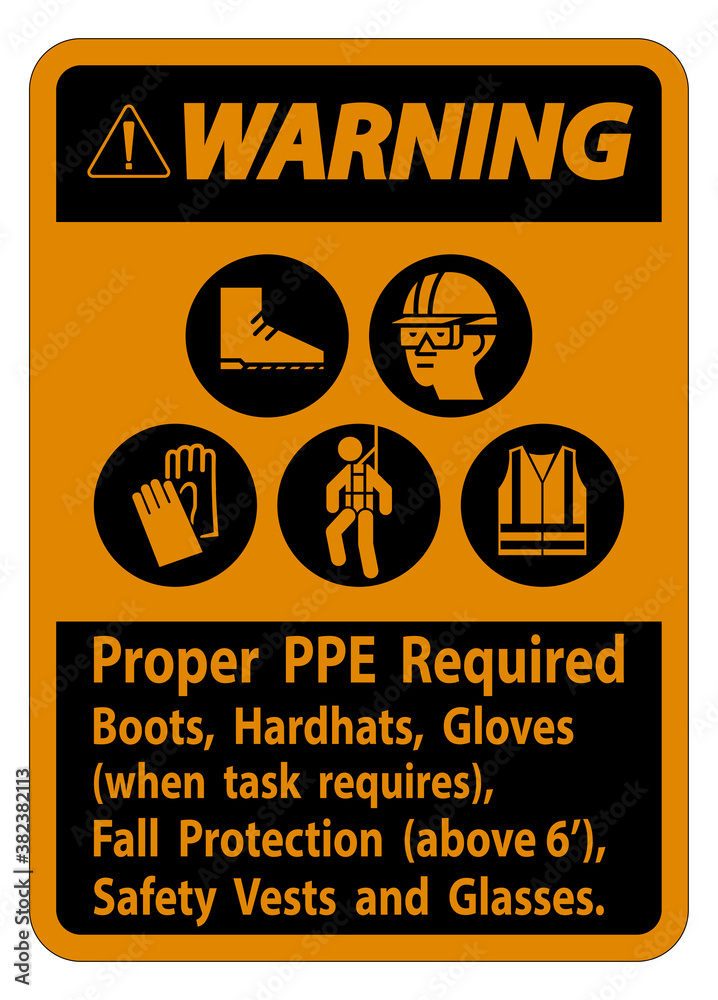 Warning Sign Proper PPE Required Boots, Hardhats, Gloves When Task ...