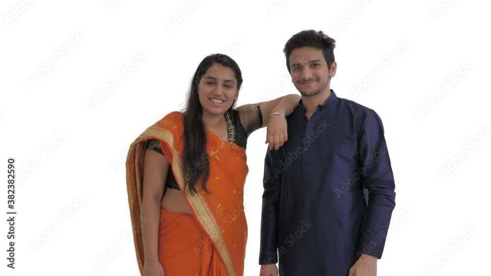 Smiling Indian couple giving high five. Give me five hand gesture ...