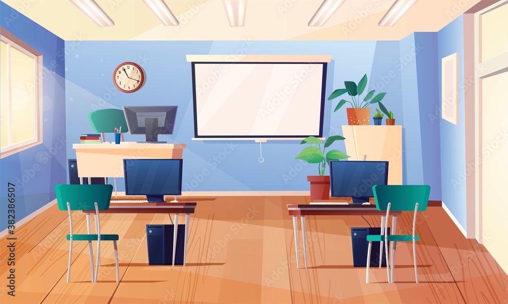 Computer classroom. Cartoon interior with board, clock on the wall ...
