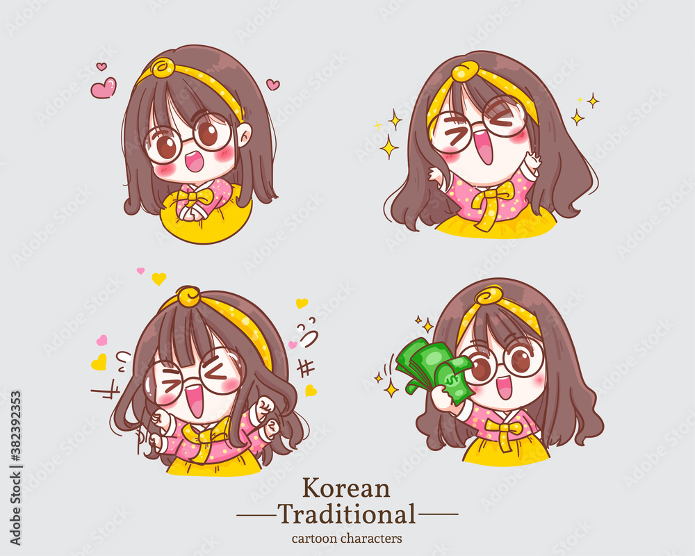 Korean cute girls in traditional korean hanbok dress cartoons. set ...