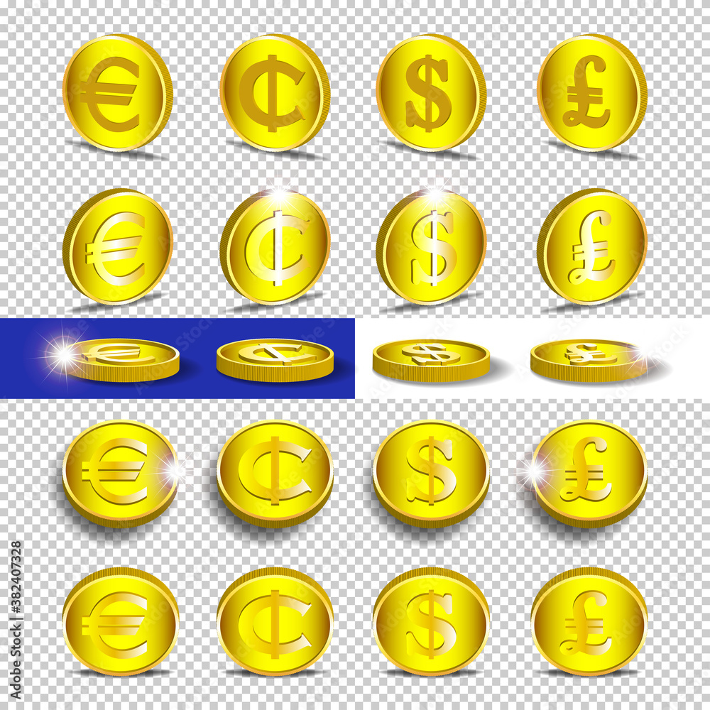 Set of gold coins of different currencies of the world. 3d tokens with ...
