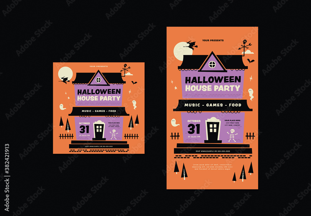 Halloween House Party Social Media Post Layout Stock Template | Adobe Stock