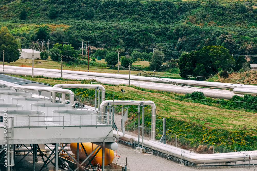 Storage tanks and pipelines of Wairakei Geothermal Power Station in New ...