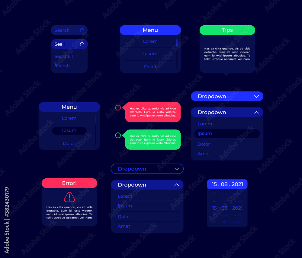 Settings UI elements kit. Dropdown menu. Info tips. Option panels ...
