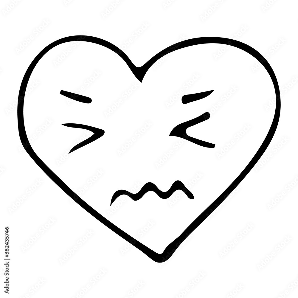 Angry emoticon heart shape doodle illustration in vector. Hand drawn ...