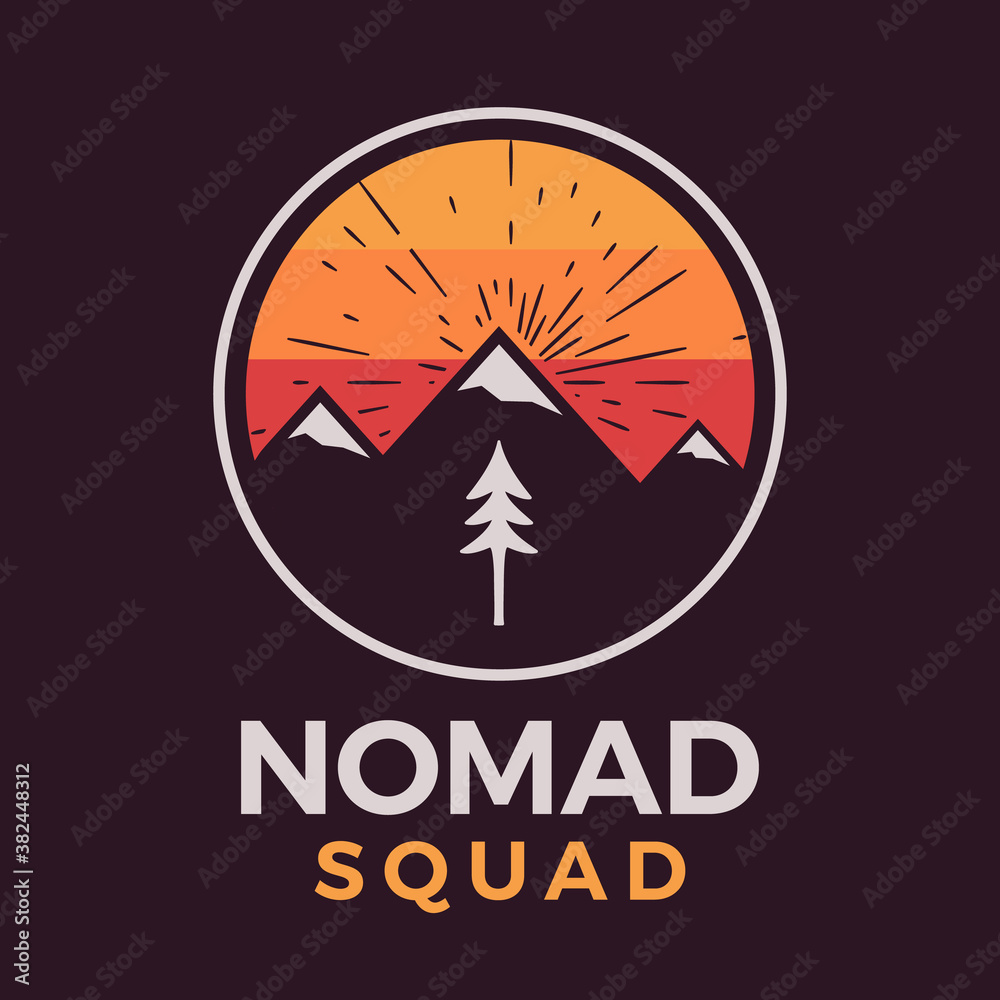 Nomad squad logo, retro camping adventure emblem design with mountains ...