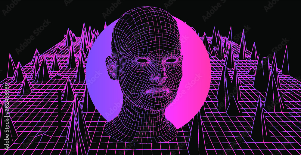 3D human face structure made of grid. Vaporwave and retrowave style ...