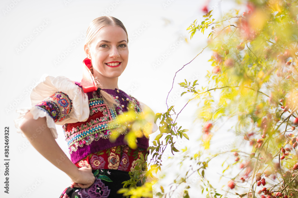 Young beautiful slovak woman in traditional costume. Slovak folklore ...