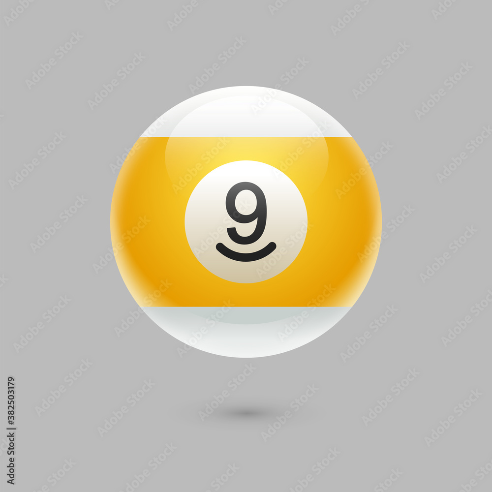 Yellow billiard ball with number nine. Realistic yellow sphere. Vector ...