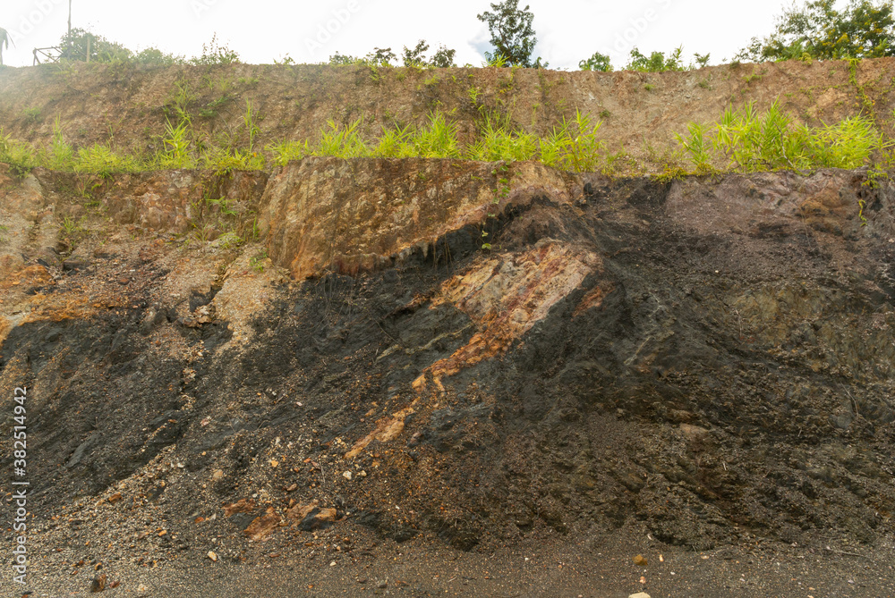 Tropical sedimentary roadcut outcrop. Geological fault cut between ...